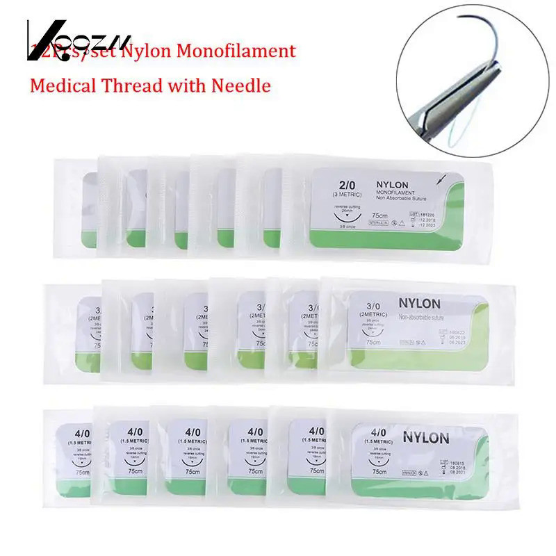 12pcs 2/0 3/0 4/0 Needle Suture Nylon Monofilament Non-injured Suture ...