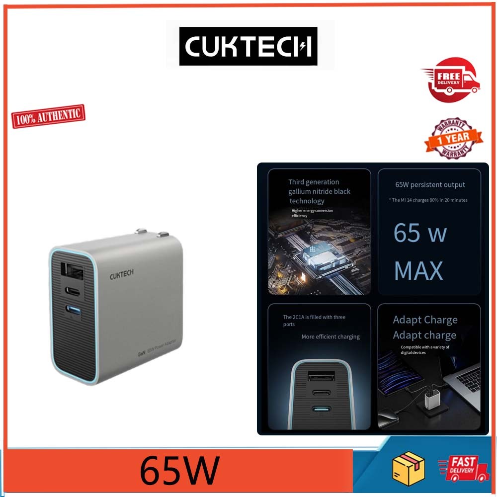 Zmi CUKTECH 65W เครื่องชาร์จแกลเลียมไนไตรด์สามพอร์ต, หัวชาร์จเร็ว 2C1A เหมาะสําหรับโทรศัพท์ ...