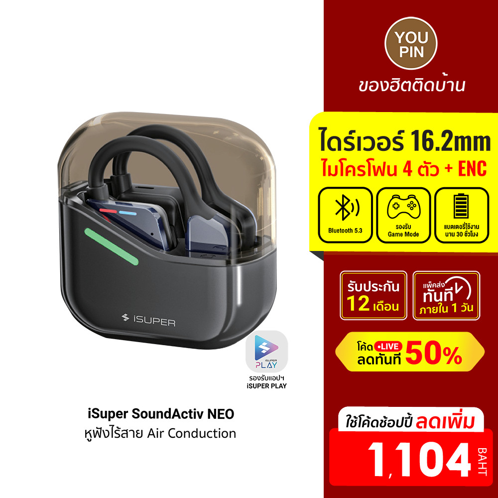 [ลดเหลือ 1104] iSuper SoundActiv NEO หูฟังไร้สาย ออกกำลังกาย ไดร์เวอร์ ...