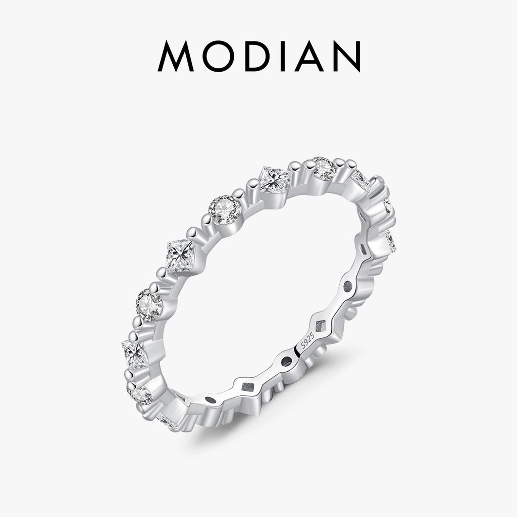 Modian 925 เงินสเตอร์ลิงอินเทรนด์ที่ละเอียดอ่อนสแควร์รอบ CZ ซ้อน Slim Eternity Band แหวนผู้หญิง ...
