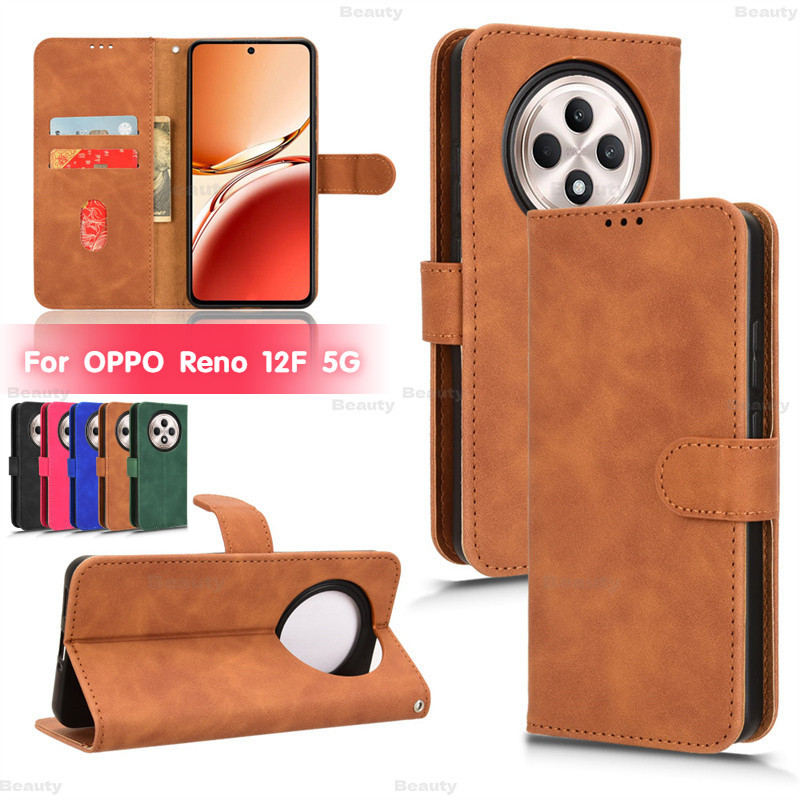 สําหรับ OPPO Reno 12F 5G ผิว Fell พลิกหนังสีทึบเคสโทรศัพท์ Reno12F OPPO ...
