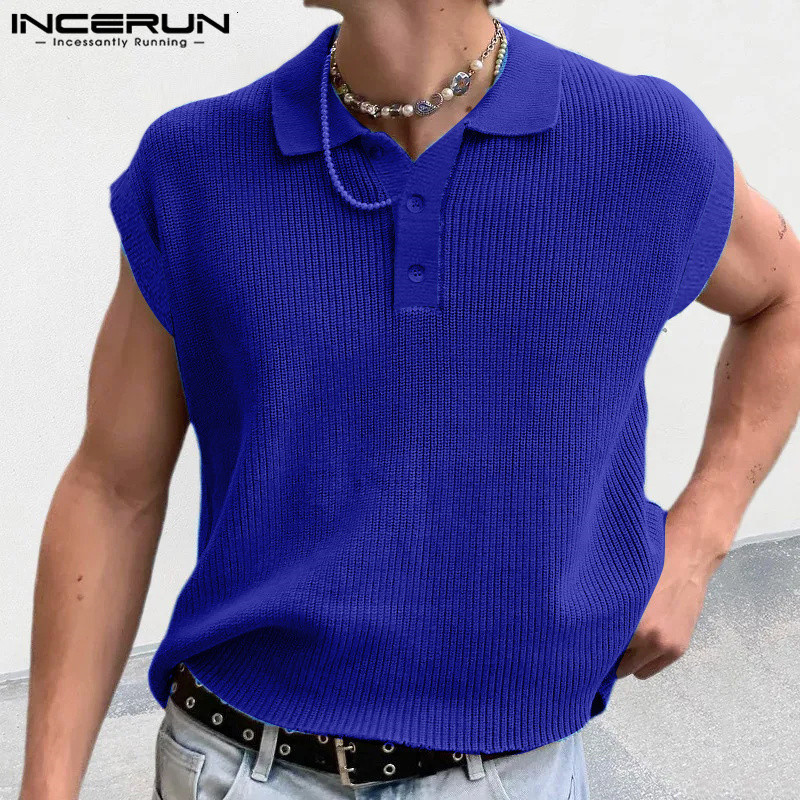 Incerun ผู้ชายเกาหลีลําลองเปิดลงปกสีทึบเสื้อแขนกุด POLO | Shopee Thailand