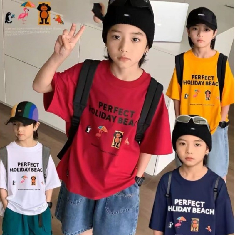 Kid T เสื้อ(15-50kg) Boy ผ้าฝ้าย 100% การ์ตูนพิมพ์เสื้อหลวมบางแขนสั้น ...