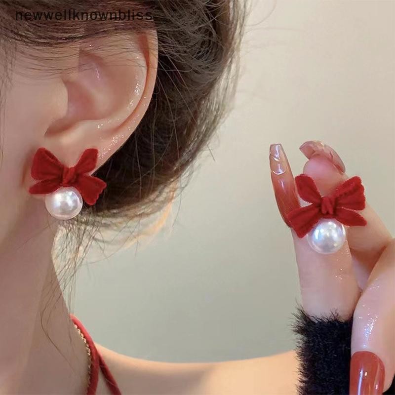ต่างหูBow-knot Pearldrop Vintage สีแดงใหม่ พร้อมFlocking สำหรับของขวัญคริสต์มาส | Shopee Thailand