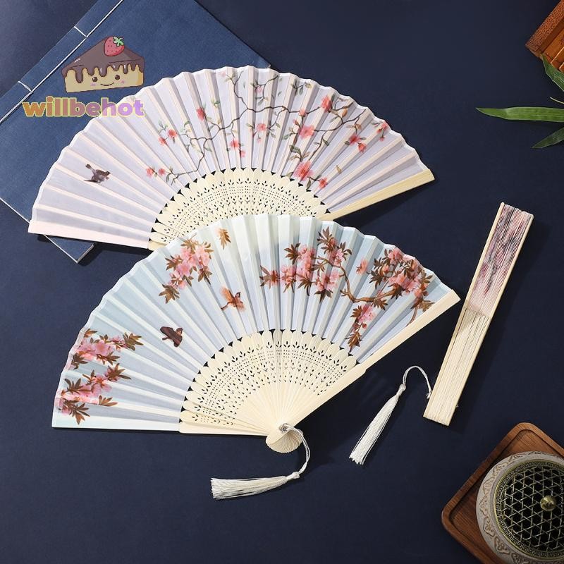 [Willbehot-t] พัดลมพับมือแบบพกพาใหม่สไตล์จีน Dance Props Retro Shell พัดลมผู้หญิงผู้ชายไม้ไผ่ไม้ ...