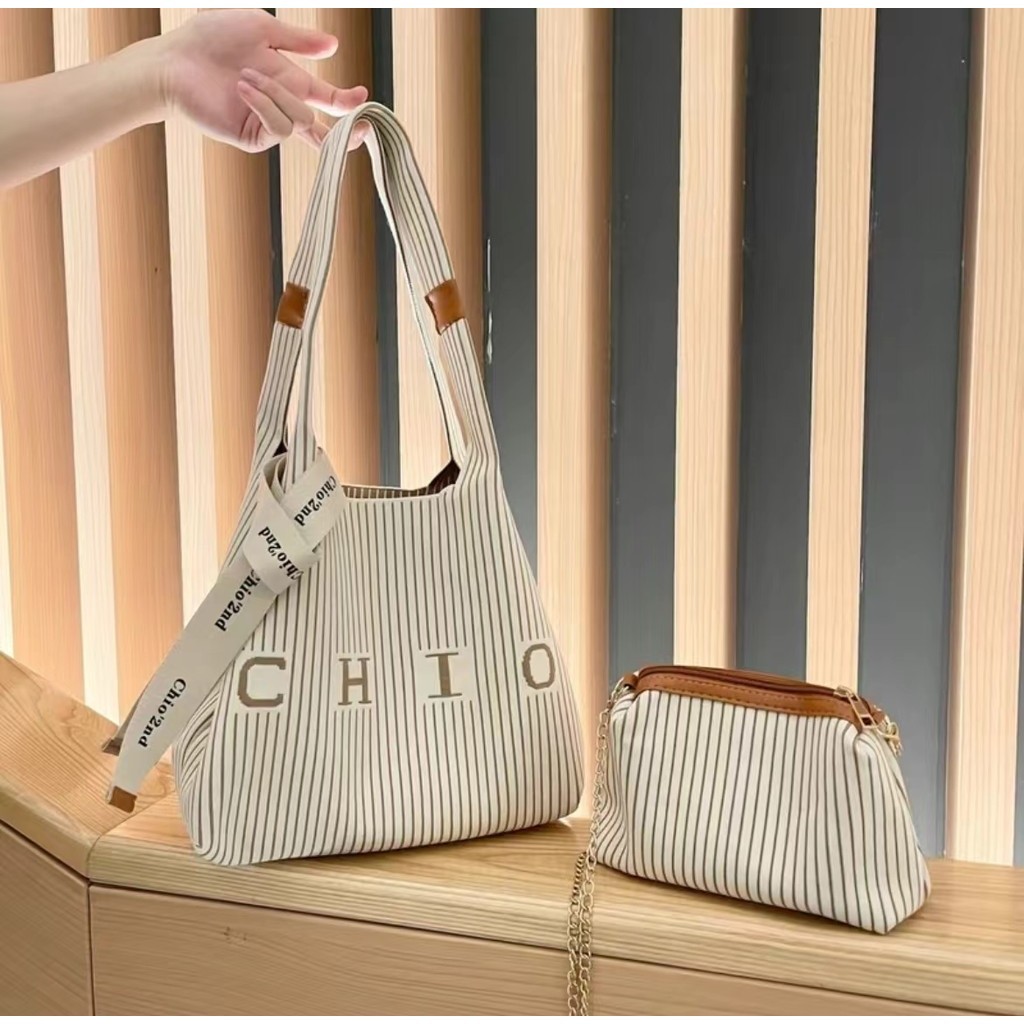 【พร้อมส่ง】miss bag fashion กระเป๋าช๊อปปิ้งไฮโซทอลายริ้ว กระเป๋าทรงสวย ...