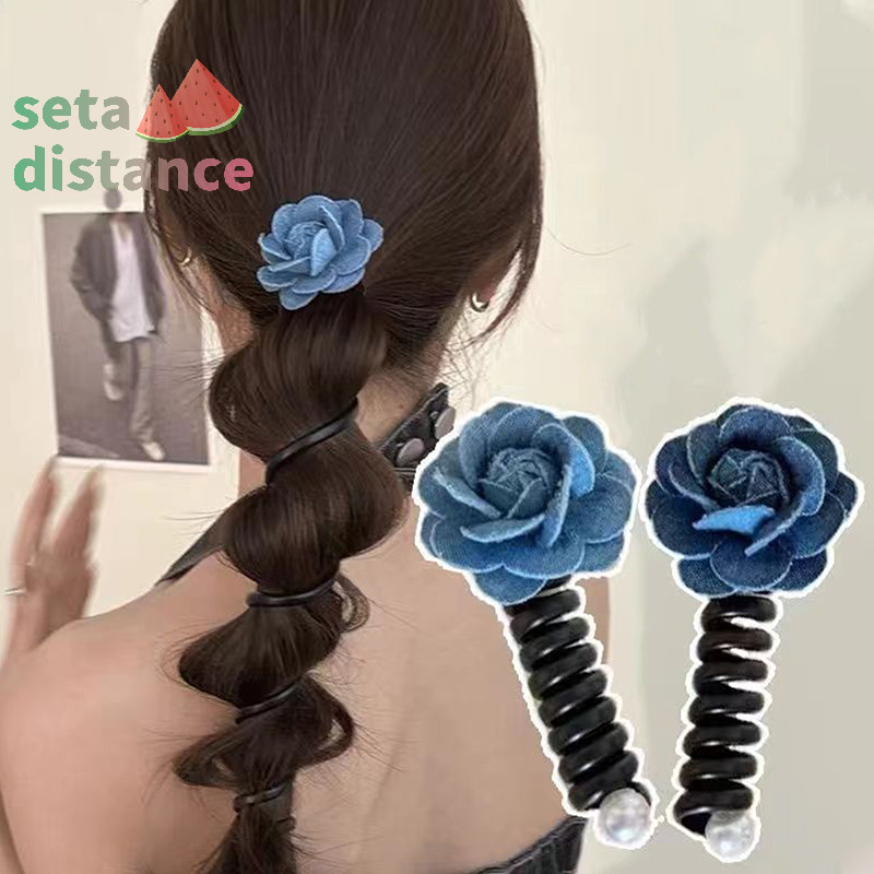 [Setad] คาวบอยดอกไม้สีฟ้าสายโทรศัพท์ Hairband Tie ผมยืดหยุ่นยางรัดส่วน ...