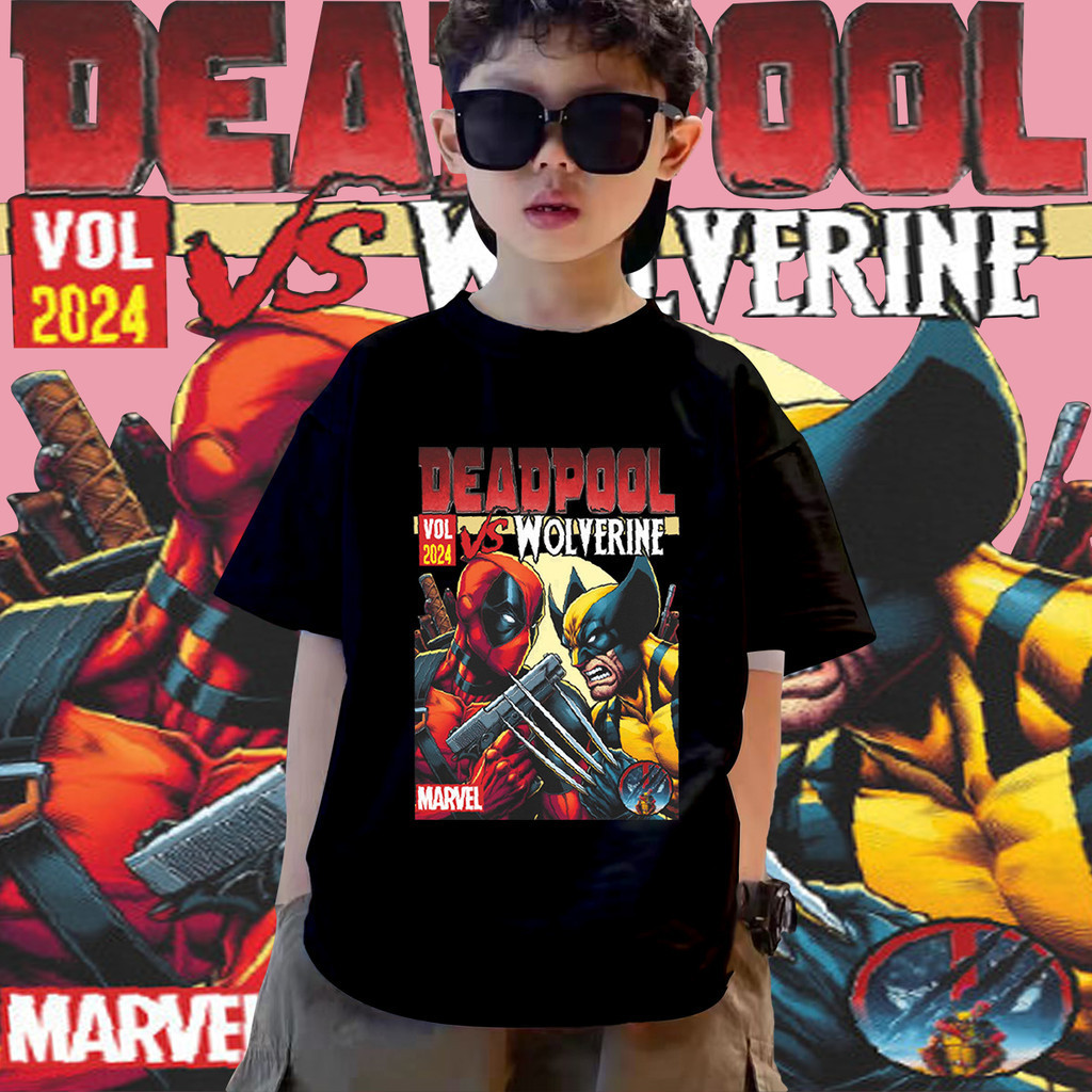 （KIDS）เสื้อยืด แขนสั้นสำหรับเด็ก Marvel Deadpool & Wolverine ผ้าฝ้าย ...