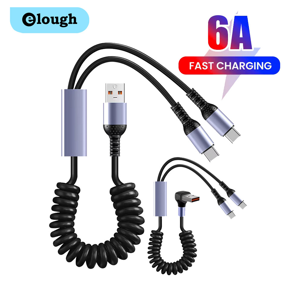 Elough 6A Fast Charging สาย USB ฤดูใบไม้ผลิ Telescopic USB C Micro USB ...
