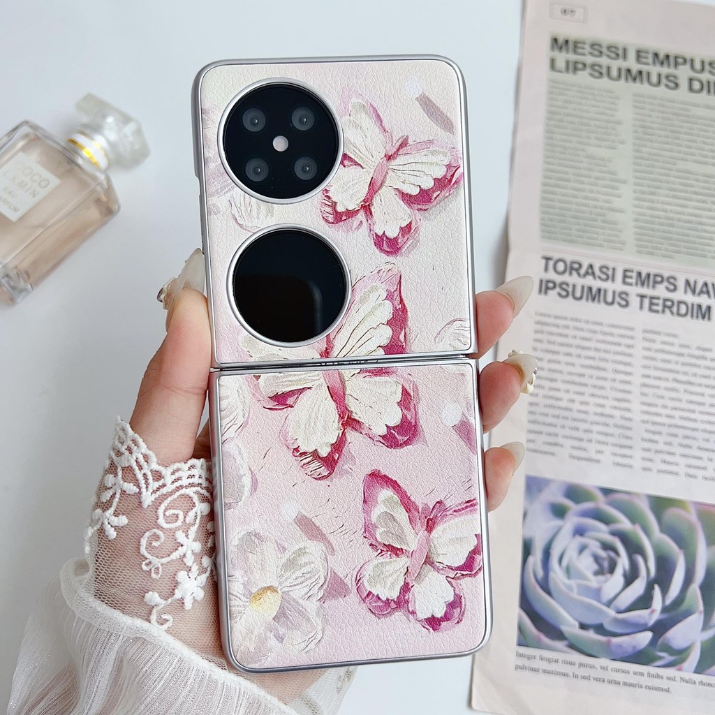 สีชมพูผีเสื้อ Hard Shell พับเคสโทรศัพท์สําหรับ HONOR Magic V Flip HUAWEI P50 Pocket2 ฝาหลังกัน ...