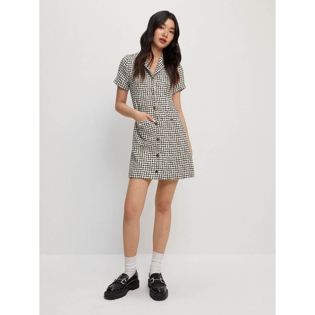 [Pomelo] เดรสผ้าทวีดแขนสั้น / Tweed Short Sleeve Button Mini Dress ...