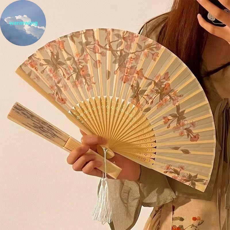 Warmwing แบบพกพาพับมือพัดลมใหม่สไตล์จีน Dance Props Retro Shell พัดลมผู้หญิงผู้ชายดอกไม้ผ้าไหม ...
