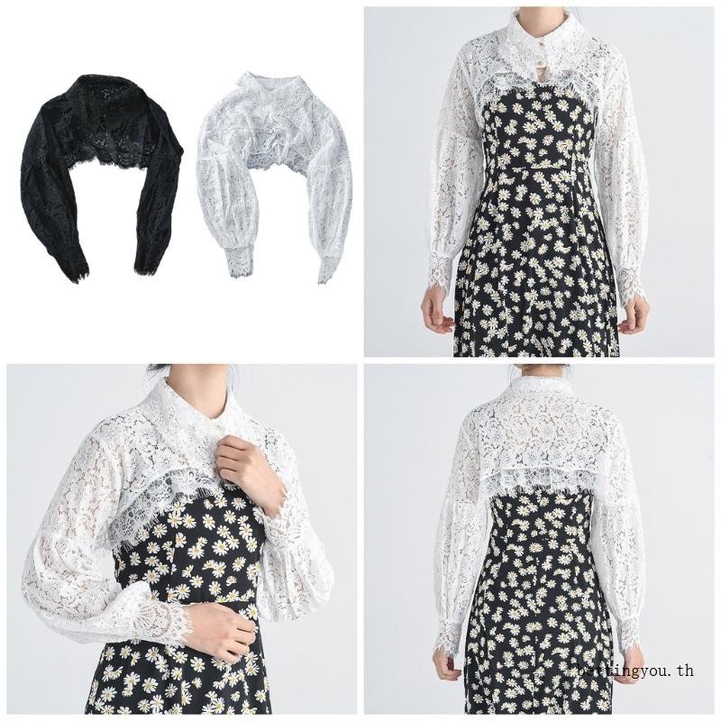 ʚɞ * ลูกไม้สไตล์เย็บปักถักร้อยครึ่งด้านบนสําหรับผู้หญิงพัฟเสื้อแขนยาว ...