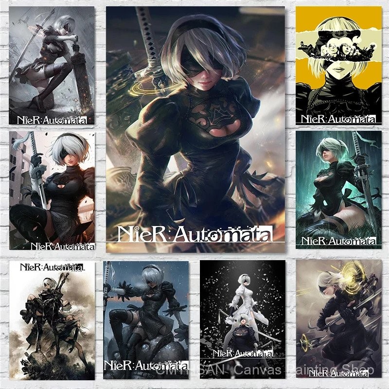 ญี่ปุ่นคลาสสิกอะนิเมะสไตล์เกม NieR Automata โปสเตอร์ 2B พิมพ์ผ้าใบภาพ ...