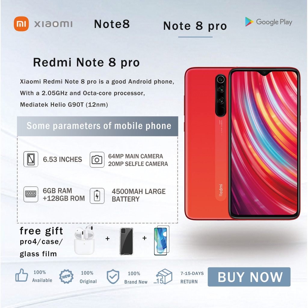 Global rom Xiaomi Redmi Note 8 Pro 8G+128GB สมาร์ทโฟน 64MP+20MP กล้อง Mediatek Helio G90T (12nm ...