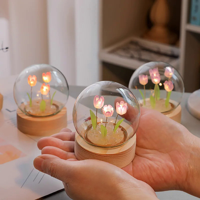 Tulip Flower Night Light With Glass Cover Handmade DIY Bedside Light ...