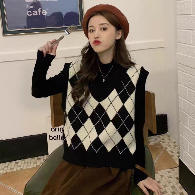 Wmgjiajusn3949 เพชรตรวจสอบคอวีถักเสื้อกั๊กสไตล์ใหม่เสื้อกั๊ก Dim Wear ...