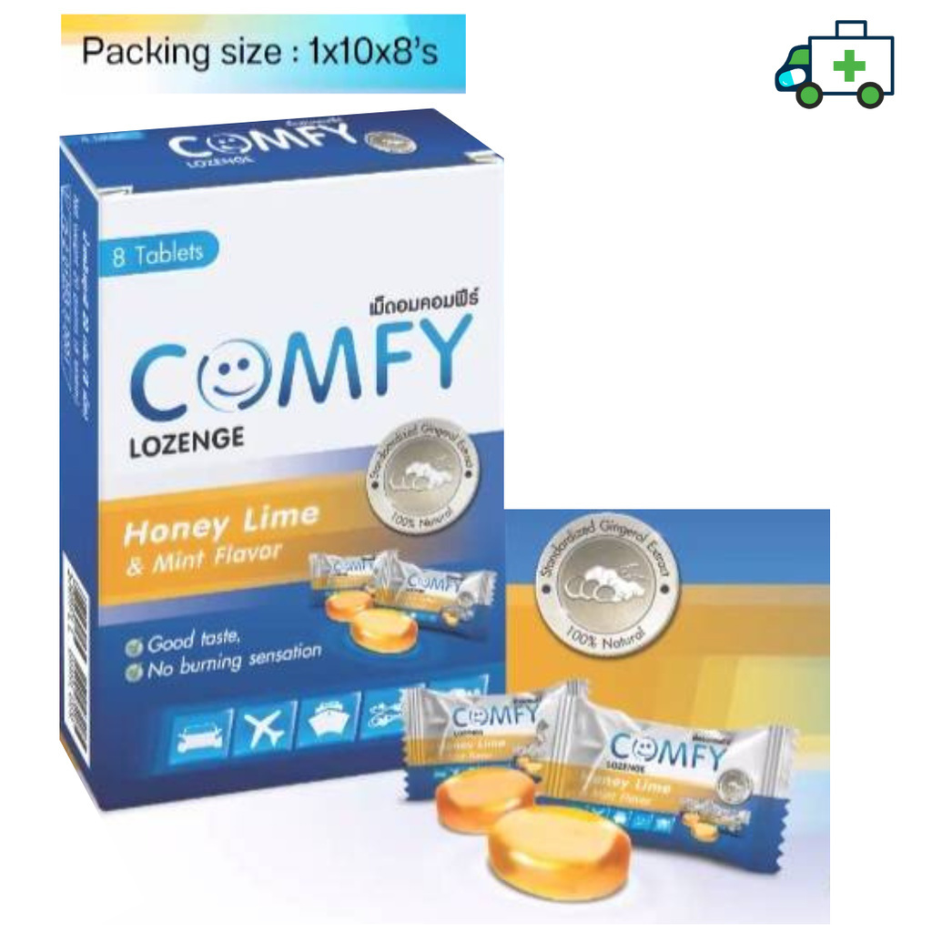 Comfy เม็ดอม ขิง น้ำผึ้ง มะนาว และมิ้นท์ บรรจุกล่องละ 8 เม็ด [Plife ...
