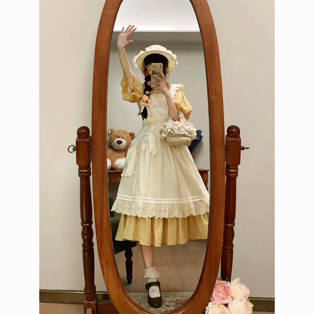 พร้อมส่ง จัดส่งไว! สไตล์โมริสไตล์พระสแควร์คอลายสก๊อตพัฟแขนชุดผู้หญิงฤดู ...