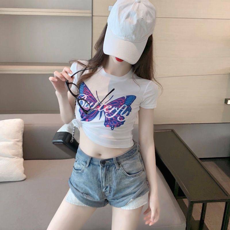 เสื้อครอปผู้หญิง ครอปสั้น ลายผีเสื้อ เสื้อยืดผู้หญิง E8005 | Shopee Thailand