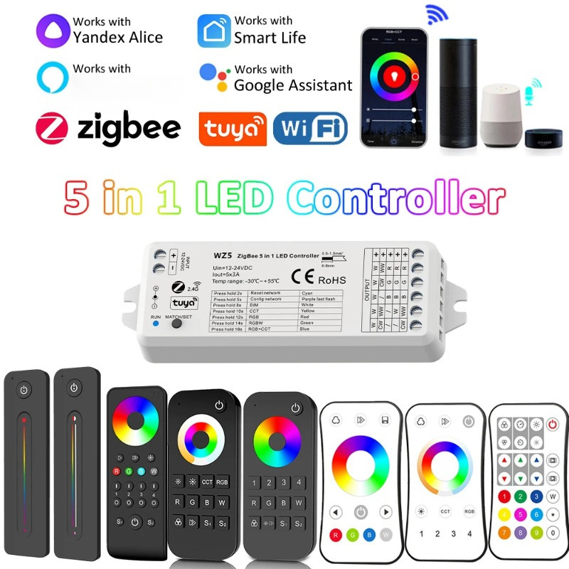 Tuya Zigbee LED Controller 5in1 RGB CCT RGBW RGBCCT DC 12V 24V 15A LED Strip Light RF 2.4G Wifi ...