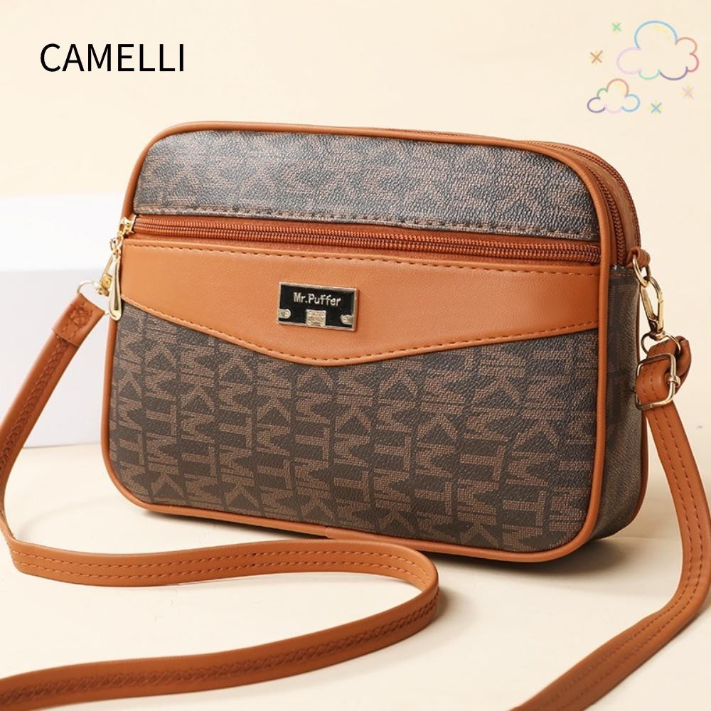 CAMELLI กระเป๋าสะพายข้าง หนังPU พิมพ์ลายตัวอักษร ขนาดใหญ่ มีซิปและช่องเก็บของหลายช่อง | Shopee ...