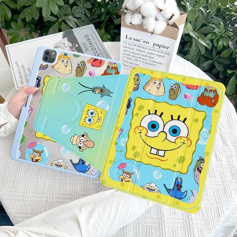 360 ° เคส iPad หมุนได้พร้อมช่องเสียบปากกาการ์ตูนน่ารัก SpongeBob ...