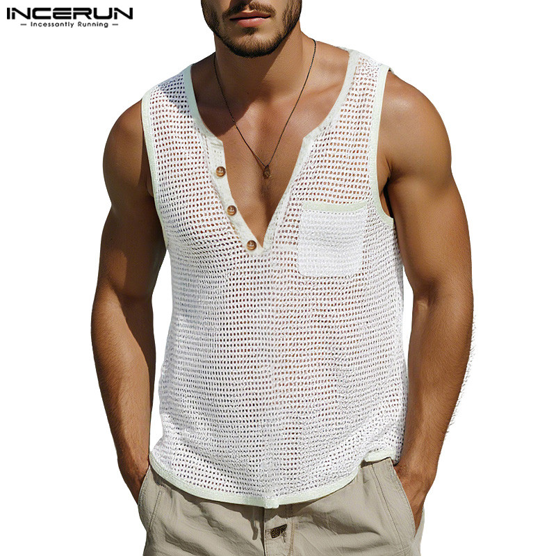 INCERUN Men Vintage Holiday Casual Crew Neck Half-Button Hollow Out ...