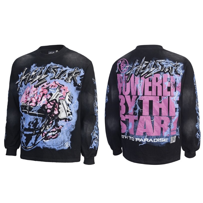 Hellstar High Street Retro Letter Brain Helmet เสื้อยืดแขนยาวผ้าฝ้ายหลวม Oversize เสื้อยืดฐานคู่ ...