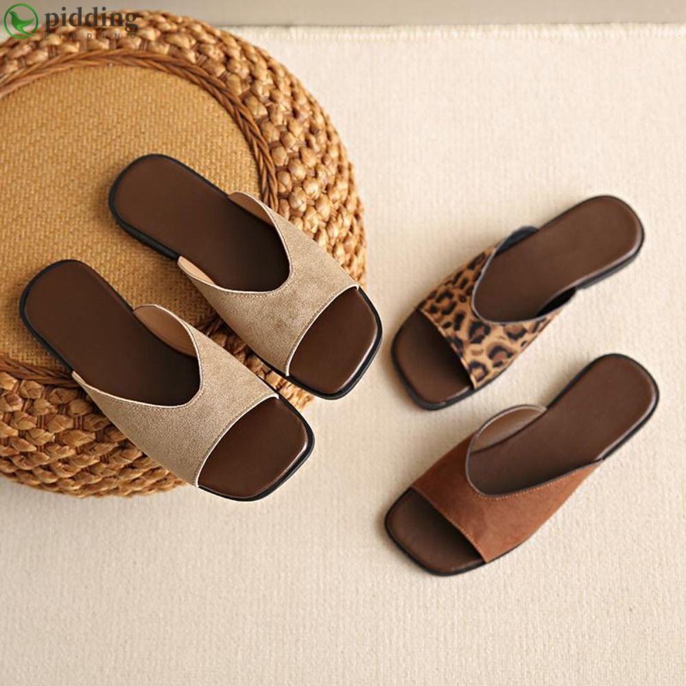 PIDDING รองเท้าแตะแบบสวม, รองเท้าแตะฤดูร้อน PU Leopard, รองเท้าแตะส้น ...