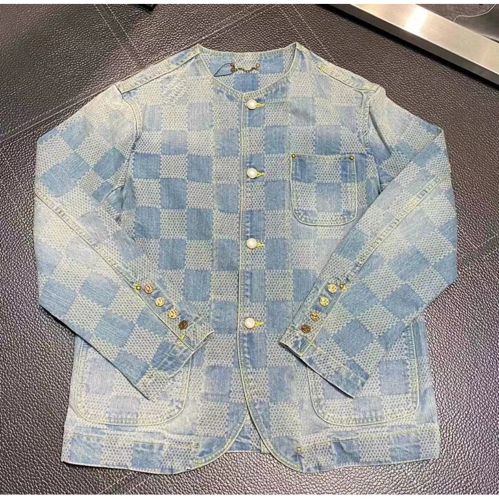 Lv Checkerboard เสื้อแจ็คเก็ตยีนส์ไม่มีปก | Shopee Thailand