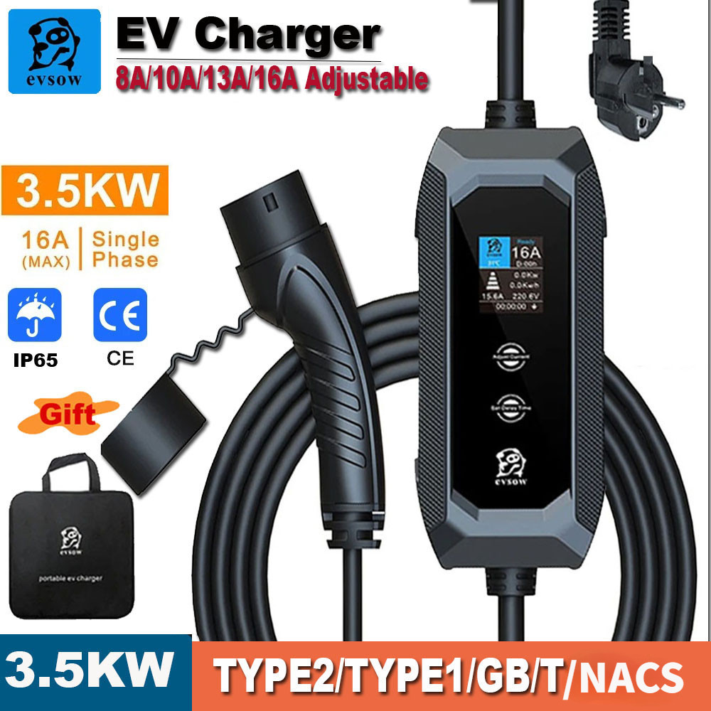 Evsow EV Charger 3.5KW 16A แบบพกพาไฟฟ้ารถสําหรับ GBT ประเภท 1 ประเภท 2 EV Charger Station ...