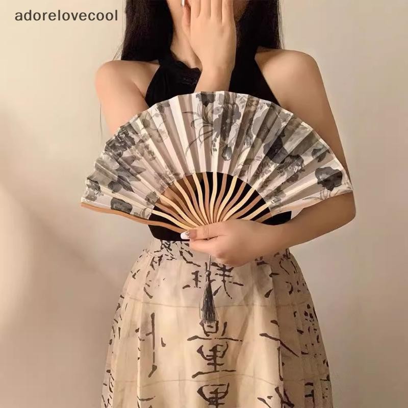 ADTH แบบพกพาพับพัดลมใหม่สไตล์จีน Dance Props Retro Shell พัดลมผู้หญิงผู้ชายไม้ไผ่ไม้ผ้าไหมดอกไม้ ...