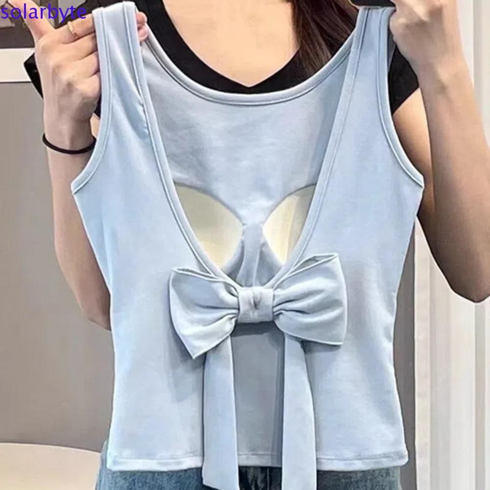 SOLARBYTE เสื้อครอปแขนกุด, Backless Bowknot เสื้อกล้ามโบว์เกาหลี, แฟชั่นสไตล์เกาหลีสีทึบ ...