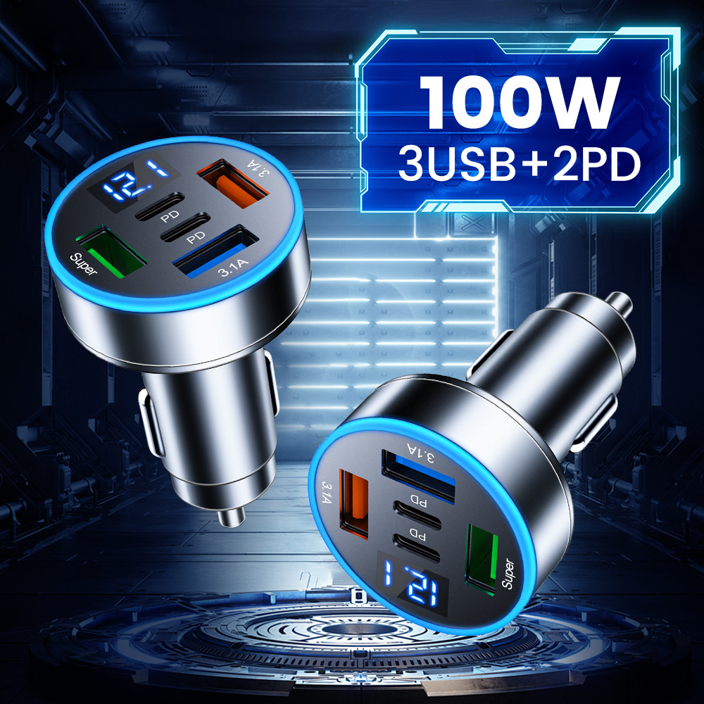 จอแสดงผลดิจิตอลรถ 3USB + 2PD Car Charger Fast โทรศัพท์หัวโทรศัพท์มือถือชาร์จ PD โทรศัพท์อะแดปเต ...