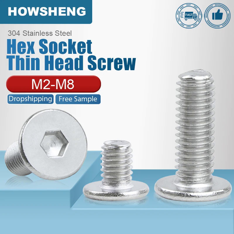 HOWSHENG 10-100pcs Hex Socket Ultra Thin Low Head Screw M2 M2.5 M3 M4 M5 M6 M8 CM Stainless ...