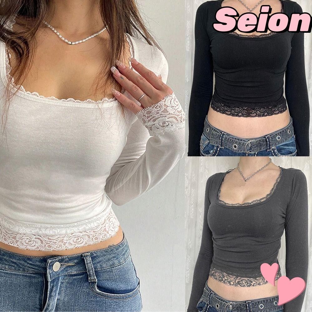 Seion Slim เสื้อครอป Patchwork Lace Trim เสื้อยืดแขนยาว y2k Lace Base Top | Shopee Thailand