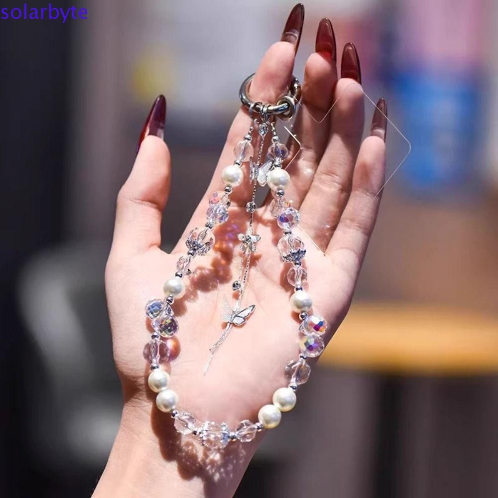 SOLARBYTE Bling คริสตัลโทรศัพท์ Chain, Pearl Anti-lost พู่ผีเสื้อโทรศัพท์ Lanyard, Creative สั้น ...