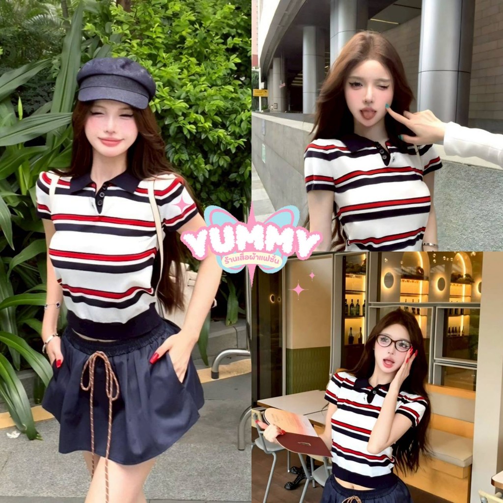 🎀Yummy Shop🎀พร้อมส่ง (W-K085) เสื้อครอปแขนสั้น คอปก ผ้าไหมพรม ดีเทลลาย ...
