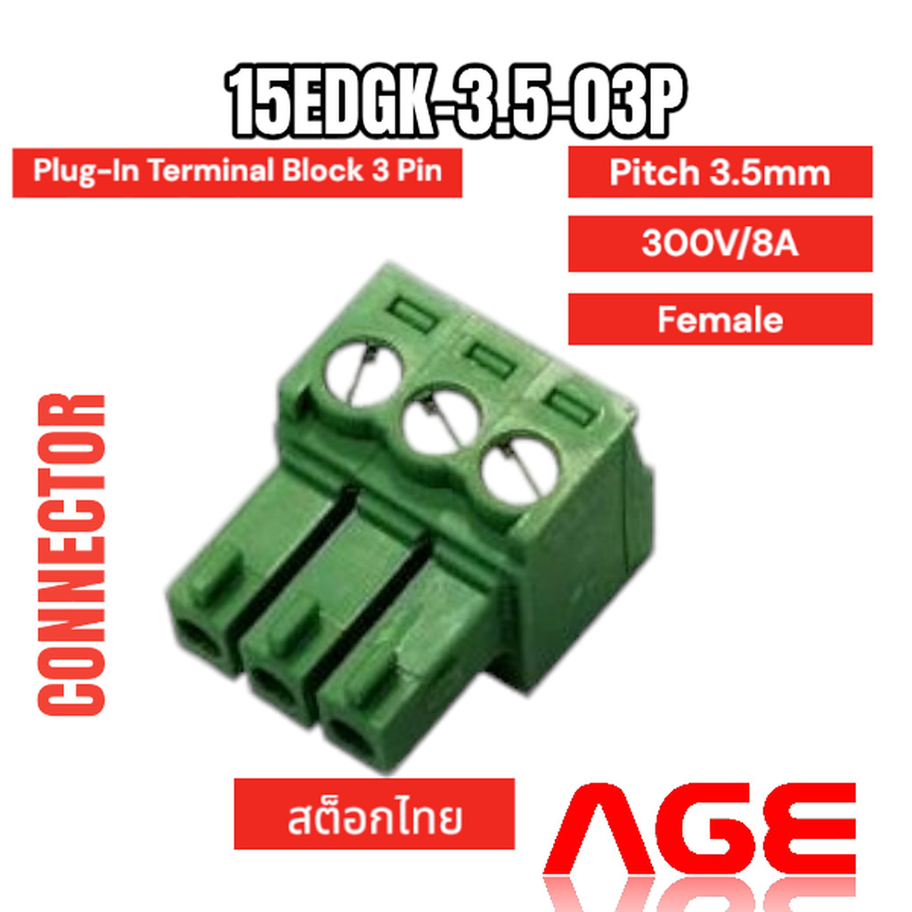 Plug-In Terminal Block 3 Poles,Female,300V/8A Pitch 3.5mm ,15EDGK-3.5 ...