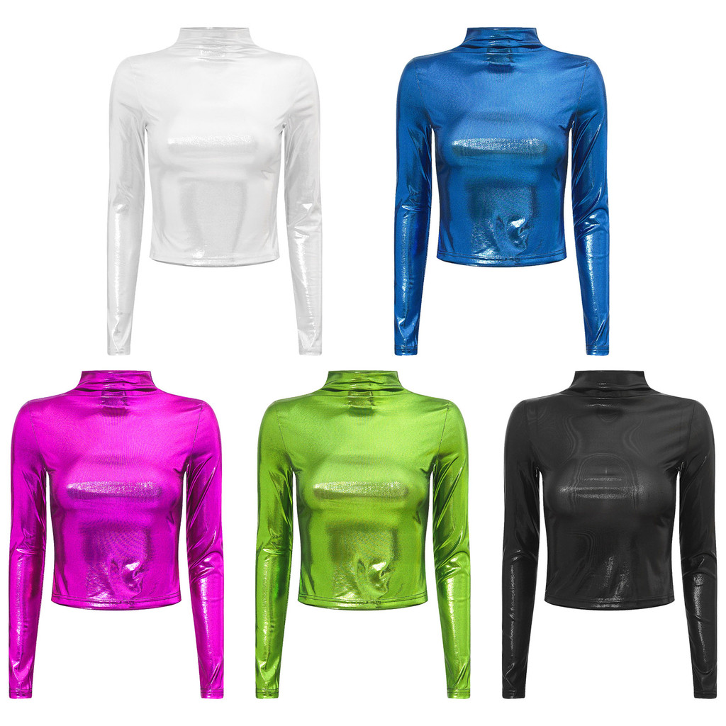Yeahdor Womens Shiny เสื้อยืดแขนยาวแฟชั่น Metallic Mock คอ Slim Fit ...