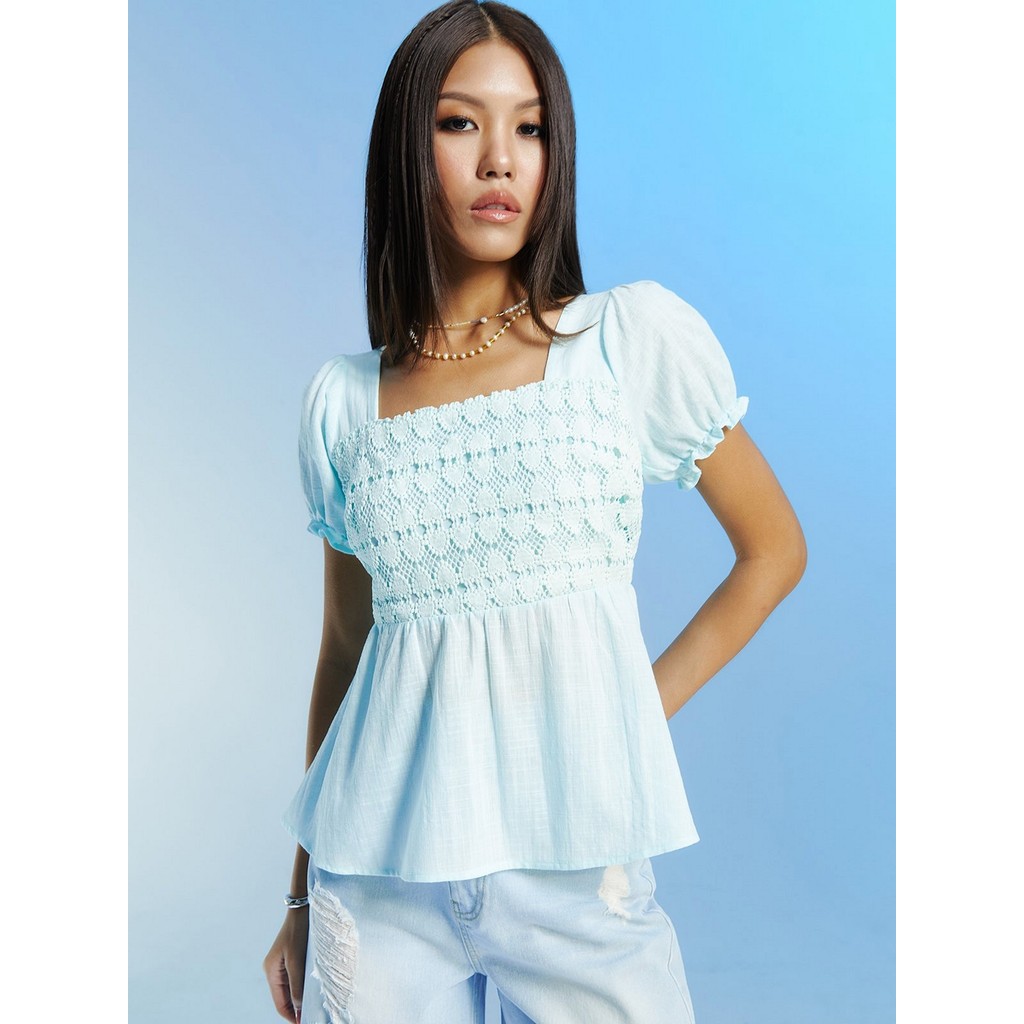 [Pomelo] เสื้อเบลาซ์กึ่งซีทรูแขนตุ๊กตา / Puffed Sleeve Sheer Blouse | Shopee Thailand