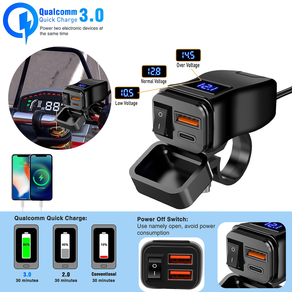 Pd QC3.0 รถจักรยานยนต์ USB Fast Cellular Charger กันน้ํา Type C พอร์ต ...