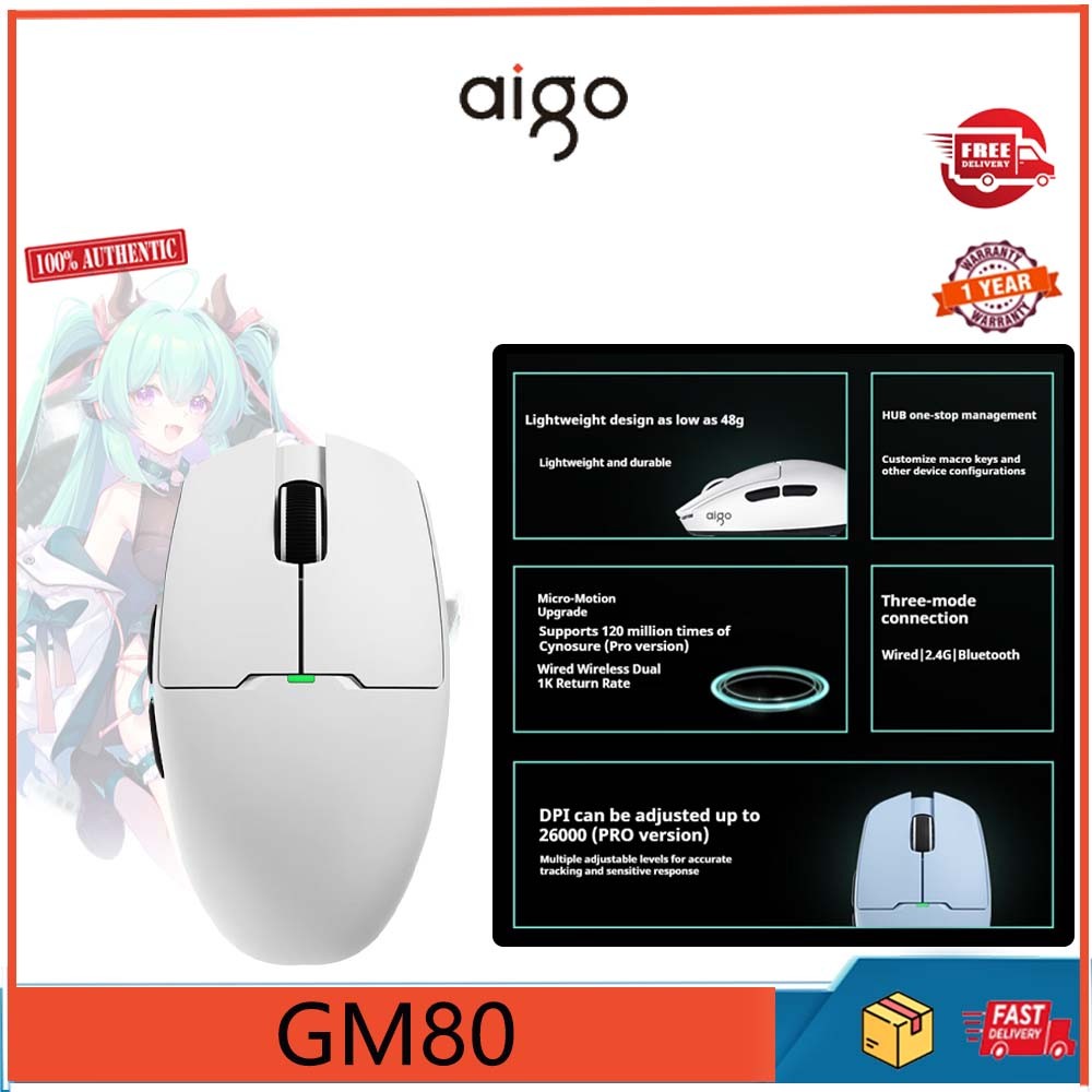 Aigo Youlong GM80 เมาส์เกมไร้สายสามโหมด, PAW3311/395,26000DPI, เล่นเกม ...