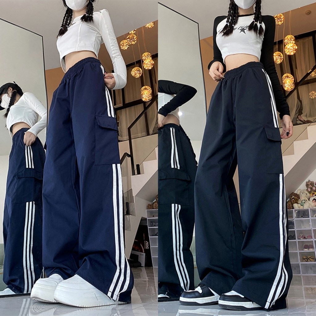 Luna Shop 🍒 ชุดเอี๊ยมฮิปฮอปสตรีทสไตล์อเมริกัน กางเกงวอร์มขากว้างทรงหลวม ...