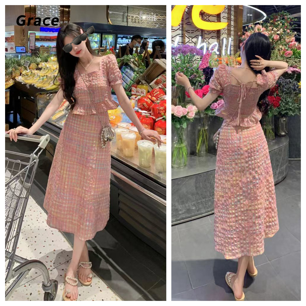 [Grcae] พัฟแขนเชื้อราขอบสแควร์คอเสื้อแขนสั้น + กระโปรงยาวปานกลางฤดู ...