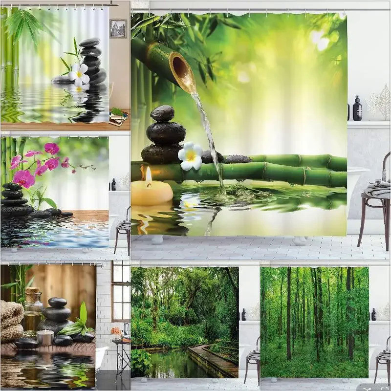 Bamboo Zen Shower Curtain Green Nature Forest Stone Spa Candle Summer ...