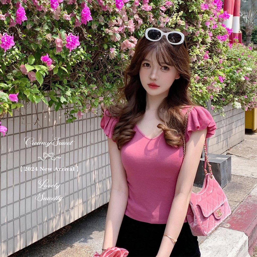 Lune_Graceแฟชั่นผู้หญิง เสื้อไหมพรมบาง คอวีแขนระบาย สดน่ารัก ผ้านุ่มนิ่มใส่สบาย แนวเกาหลี-พร้อม ...