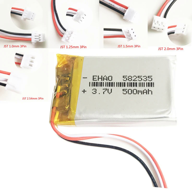 3.7V 500mAh Lipo Polymer Lithium Rechargeable Battery JST 3pin Plug 1.0/1.25/1.5/2.0/2.5mm for ...