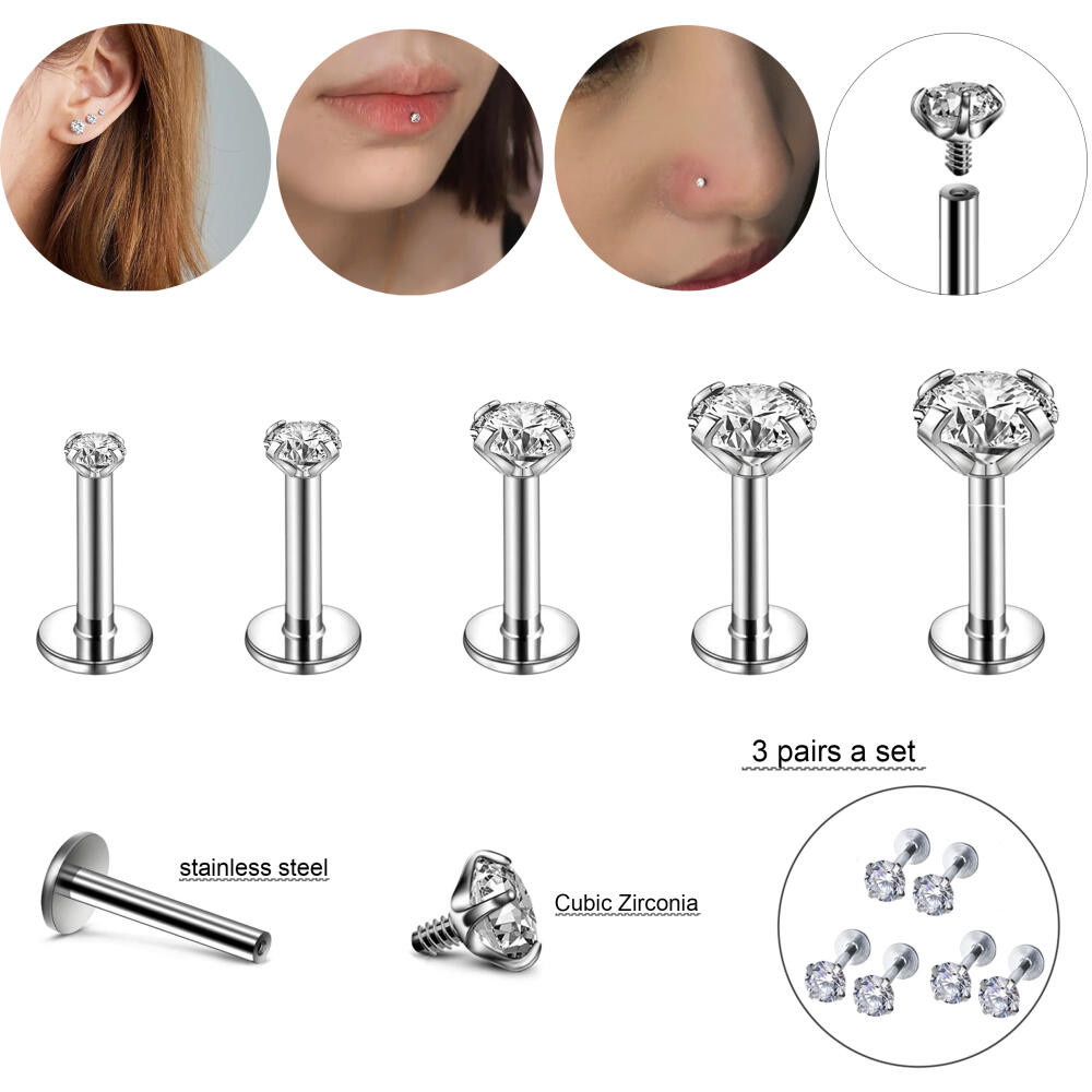 ชุดสแตนเลส Labret Lip Stud ขนาด 2-6 มม. และต่างหูคริสตัล สำหรับเจาะ ...